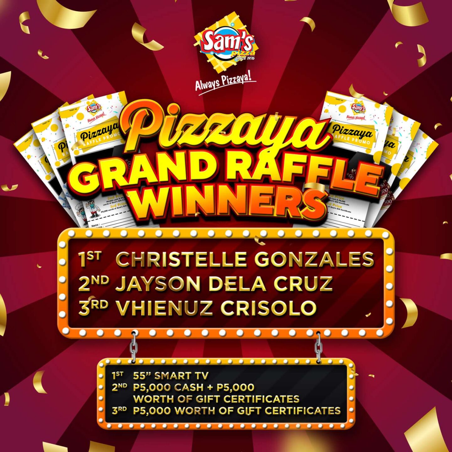 Pizzaya Raffle Draw – Sam's Pizza Family Restaurant
